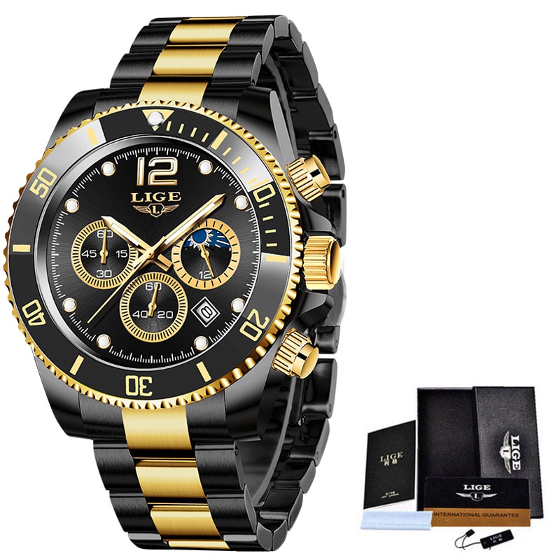 LIGE 8924 Stainless Steel Moon Phase Quartz Watch - LIGE Watches